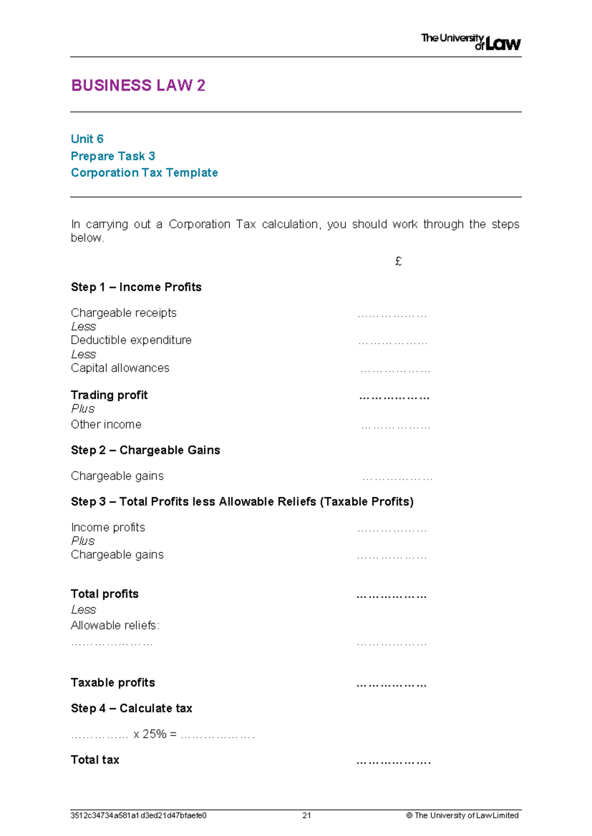Corporation tax template - BUSINESS LAW 2 Unit 6 Prepare Task 3 ...