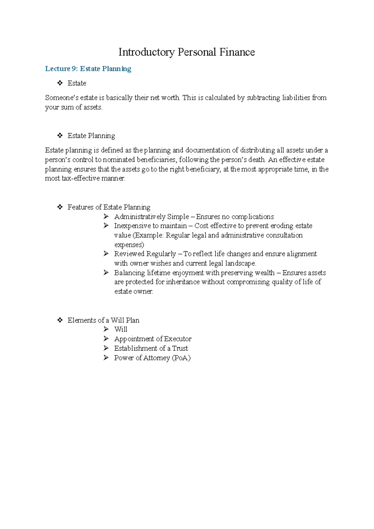 Notes - Introductory Personal Finance Lecture 9: Estate Planning Estate ...