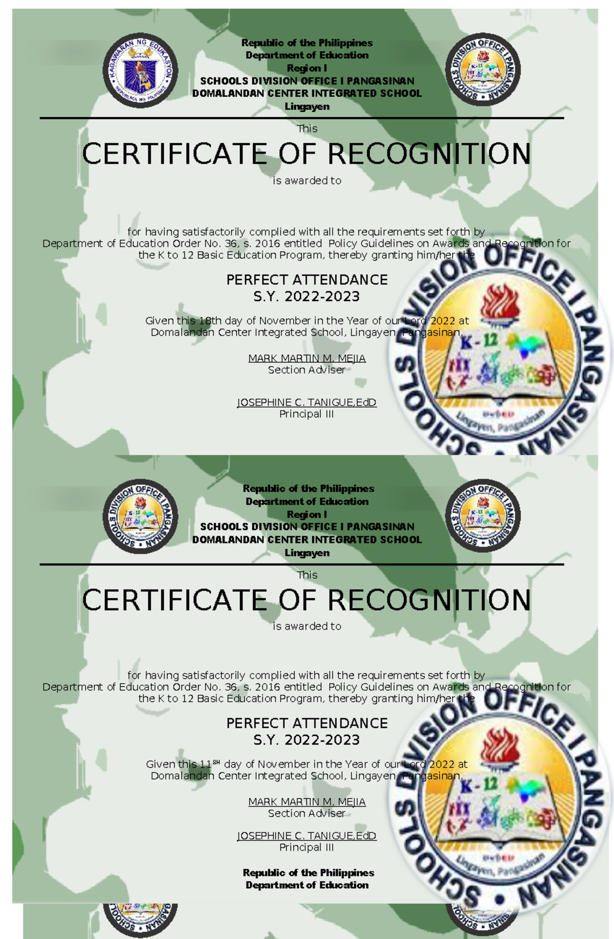 Certificate of Perfect Attendance LONG - Republic of the Philippines ...