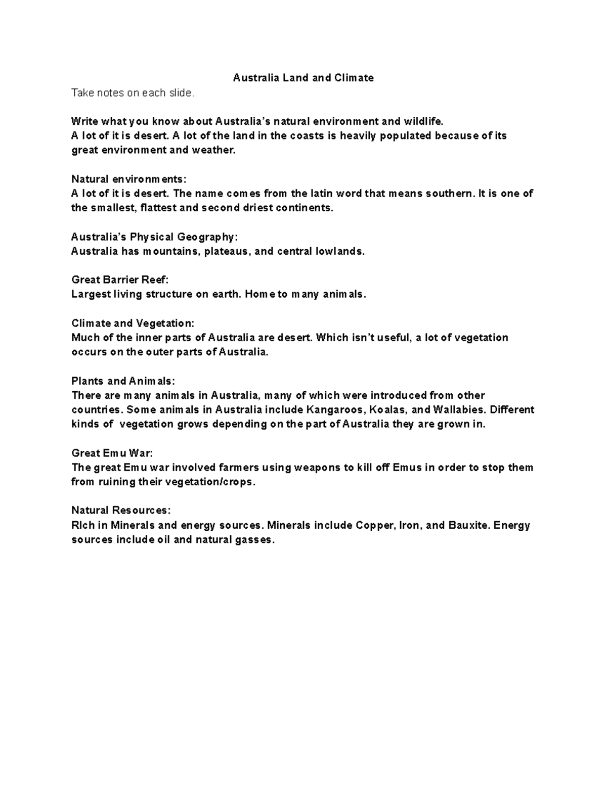 Copy of Australia Land and Climate notes - Australia Land and Climate ...