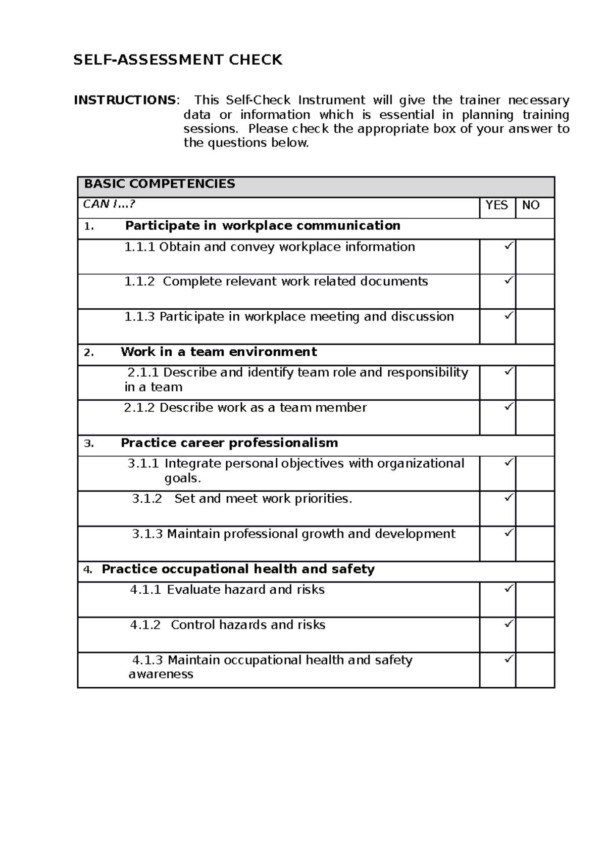 2 Training Needs Analysis Forms - SELF-ASSESSMENT CHECK INSTRUCTIONS ...
