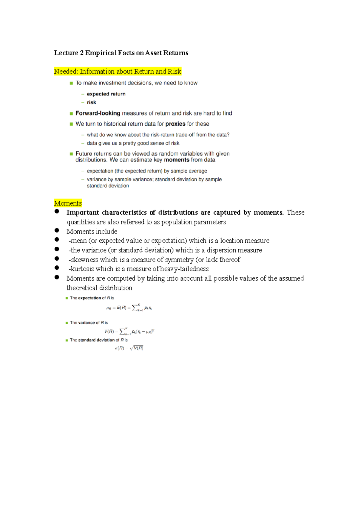 371 L2 - Review Notes - Lecture 2 Empirical Facts on Asset Returns ...