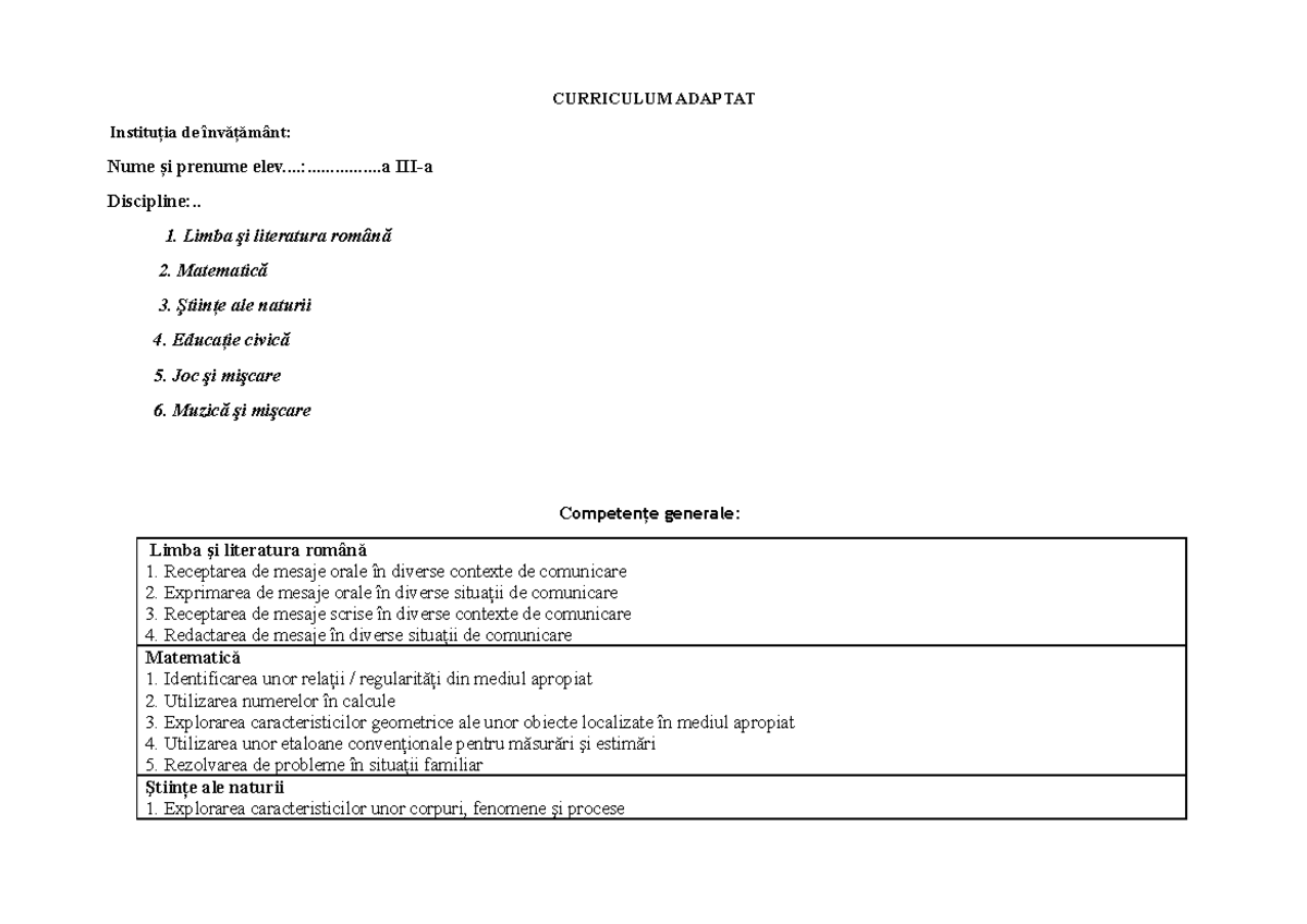 Cls a iiiacurriculum adaptat - CURRICULUM ADAPTAT Instituția de ...