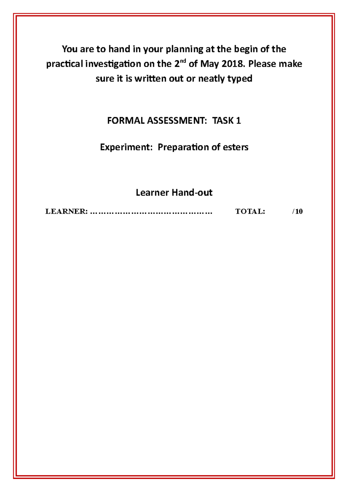 Ester Prep. Learner Hand-out Ester Prep. Learner Hand-out Rhn FVY - You ...