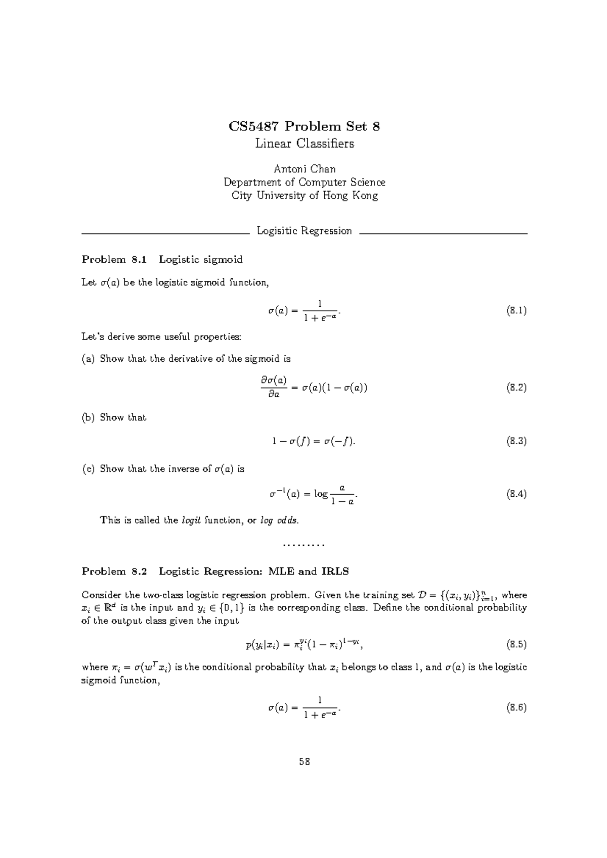 PS-8 - 123 - CS5487 Problem Set 8 Linear Classifiers Antoni Chan Department of Computer Science ...