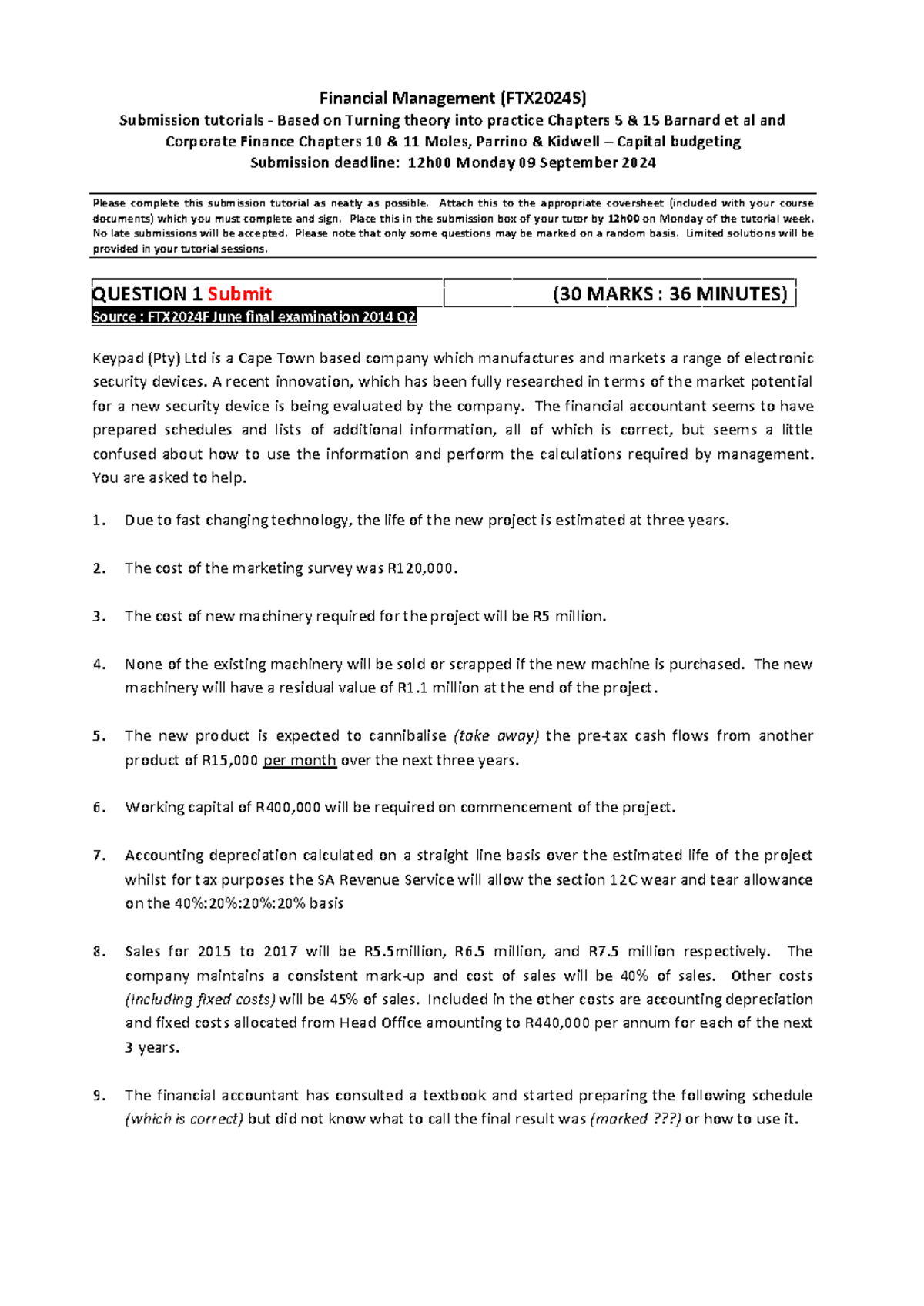 2024 FTX2024S Cap Bud Homework questions - Financial Management (FTX2024S) Submission tutorials ...