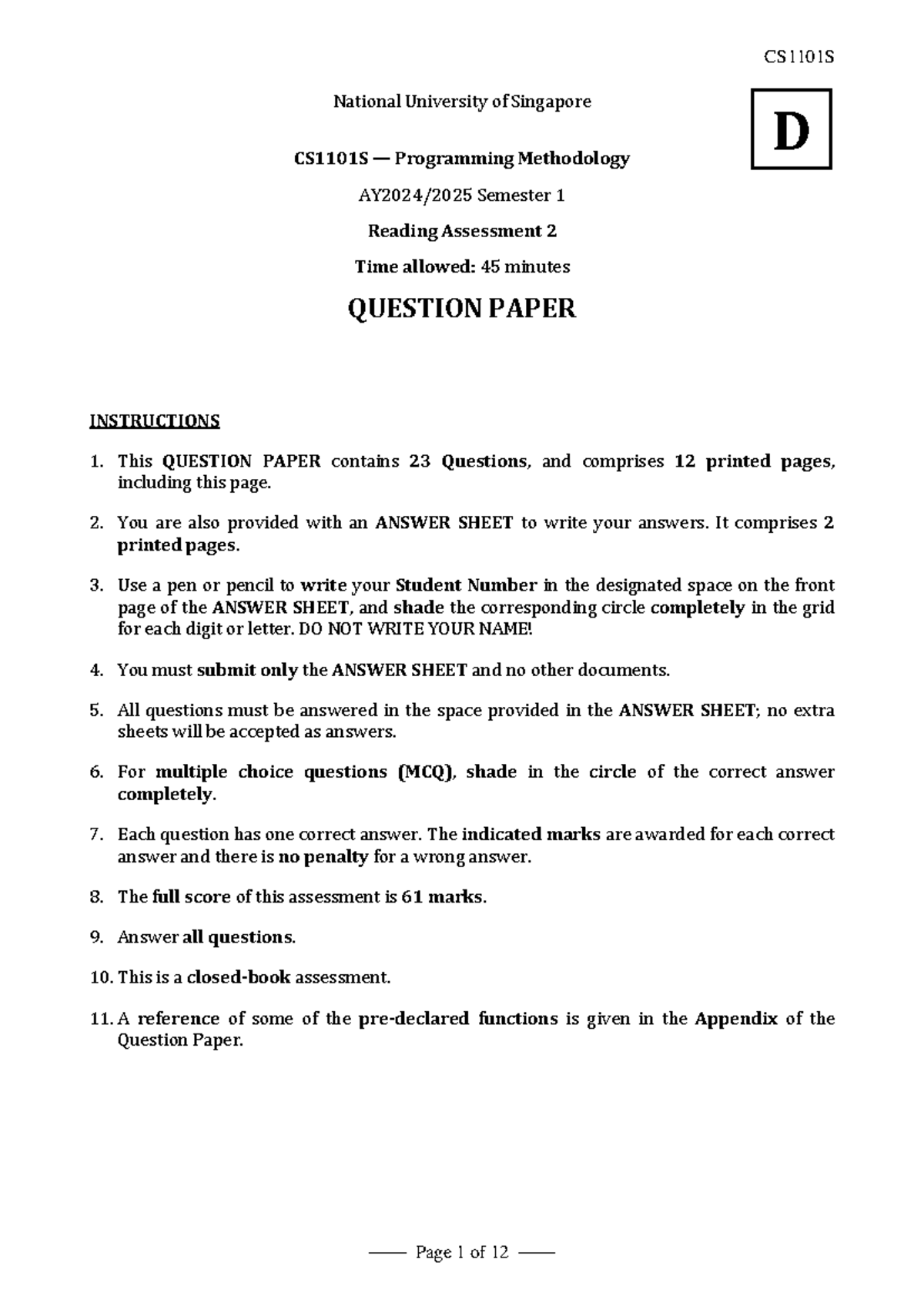 Reading assessment RA2 2425s1 (D) - CS1101S National University of Singapore CS1101S ...