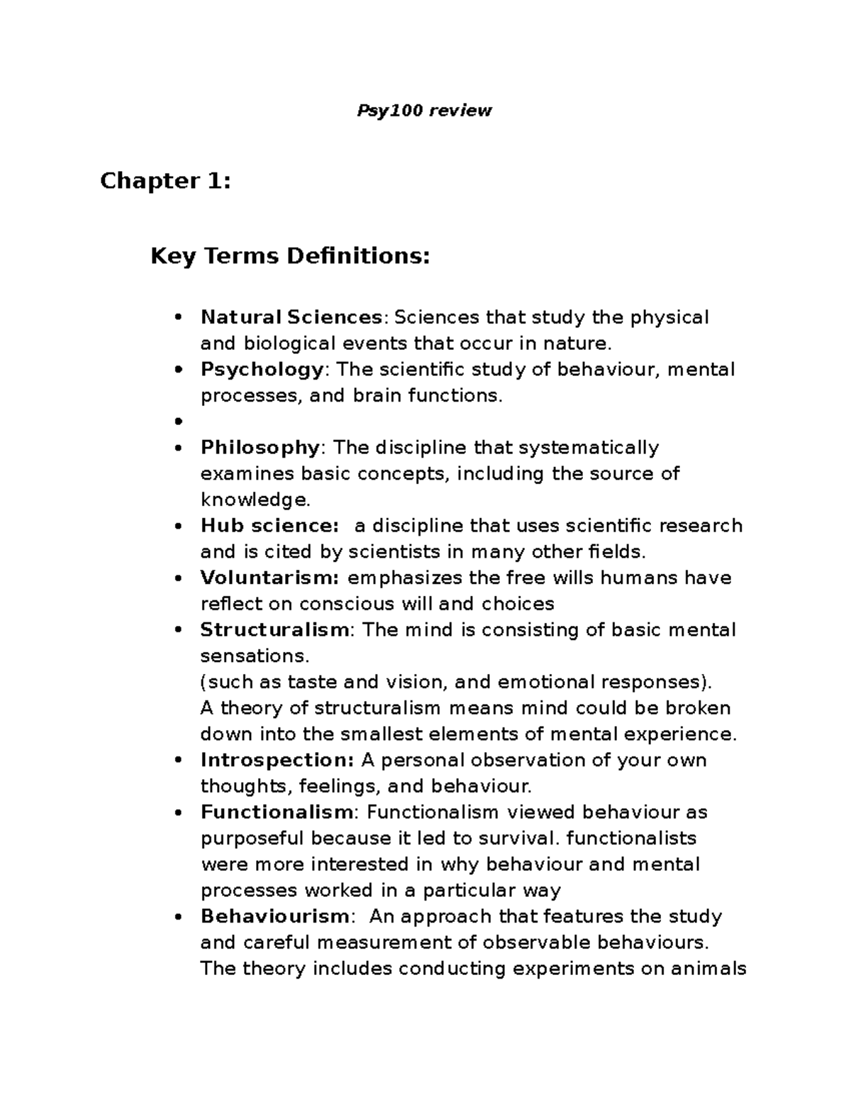 Psy100 review - Summary Introductory Psychology - Psy100 review Chapter 1: Key Terms Definitions ...