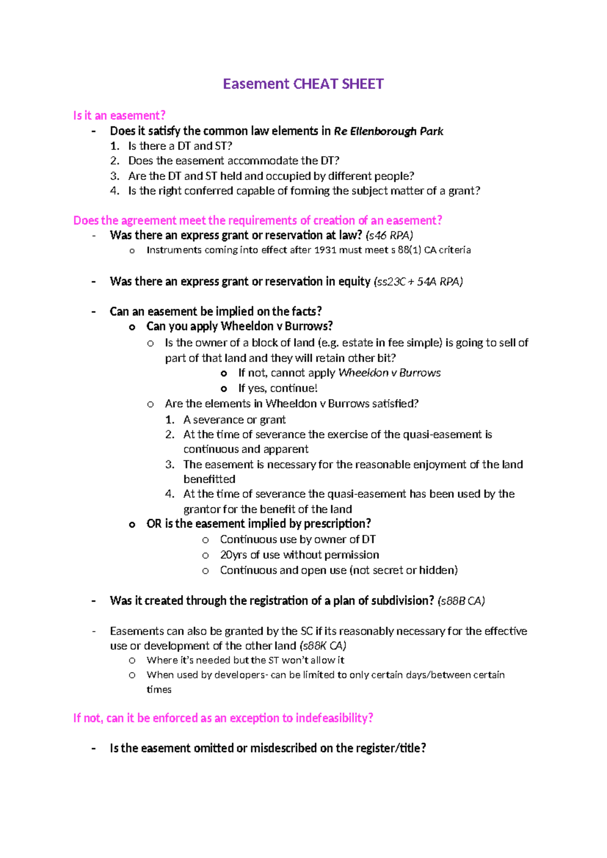 Easement Cheat Sheet - Summary Real Property - Easement CHEAT SHEET Is ...