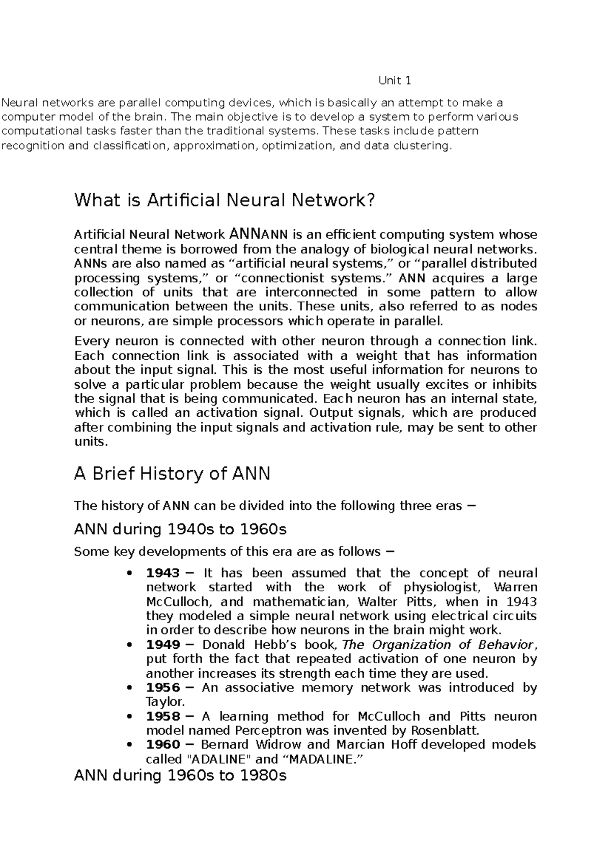 Unit 1.docx NN - DSDE - Unit 1 Neural networks are parallel computing devices, which is ...