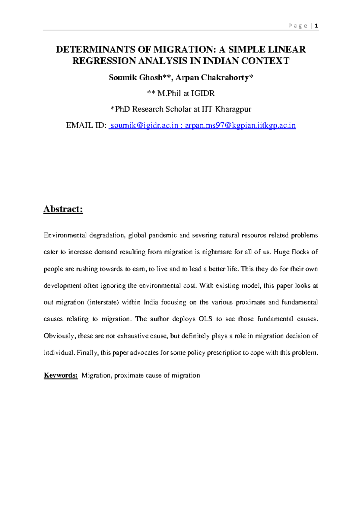 Determinants Of Migration Linear regression Analysis in Indian Context ...
