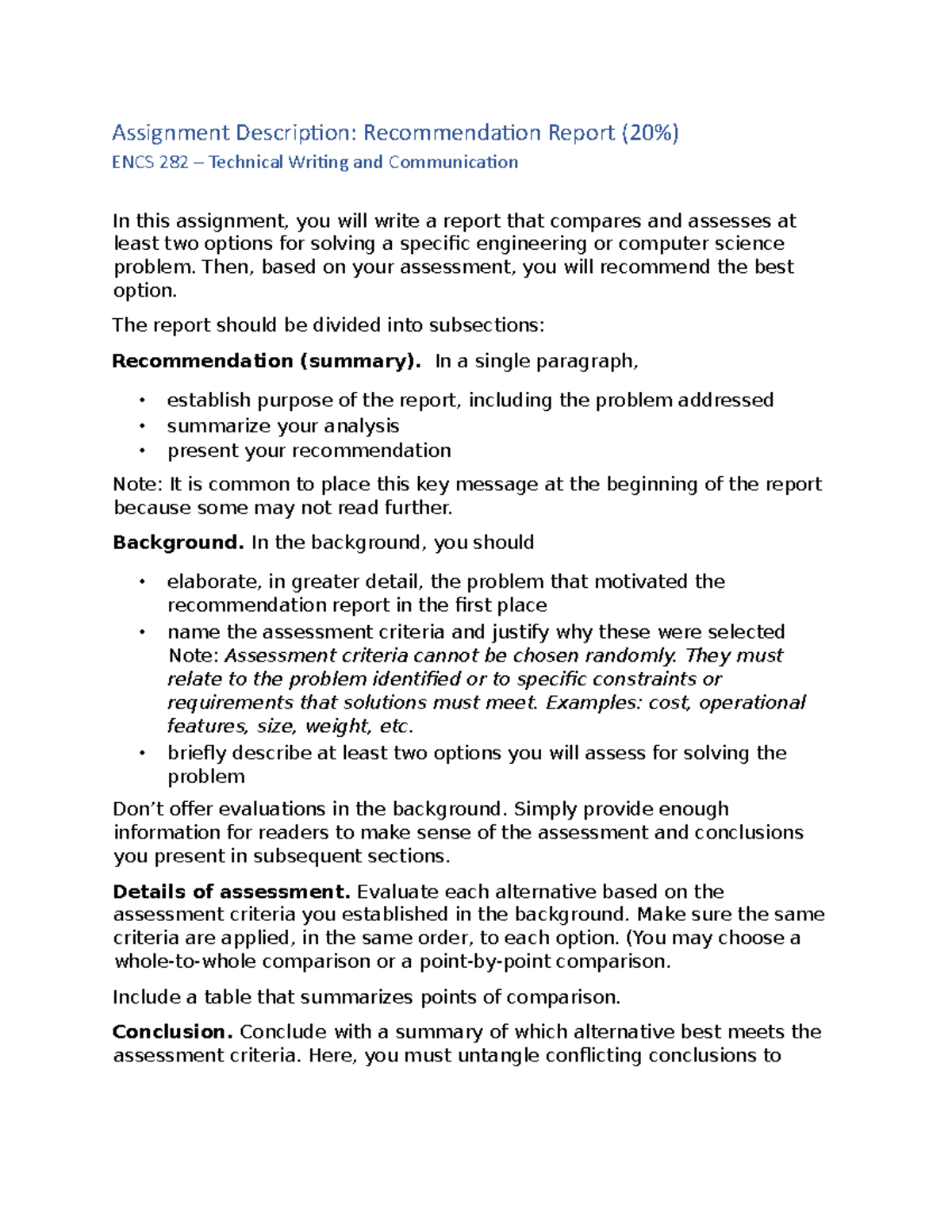 Assignment Description - Recommendation Report - Assignment Description ...