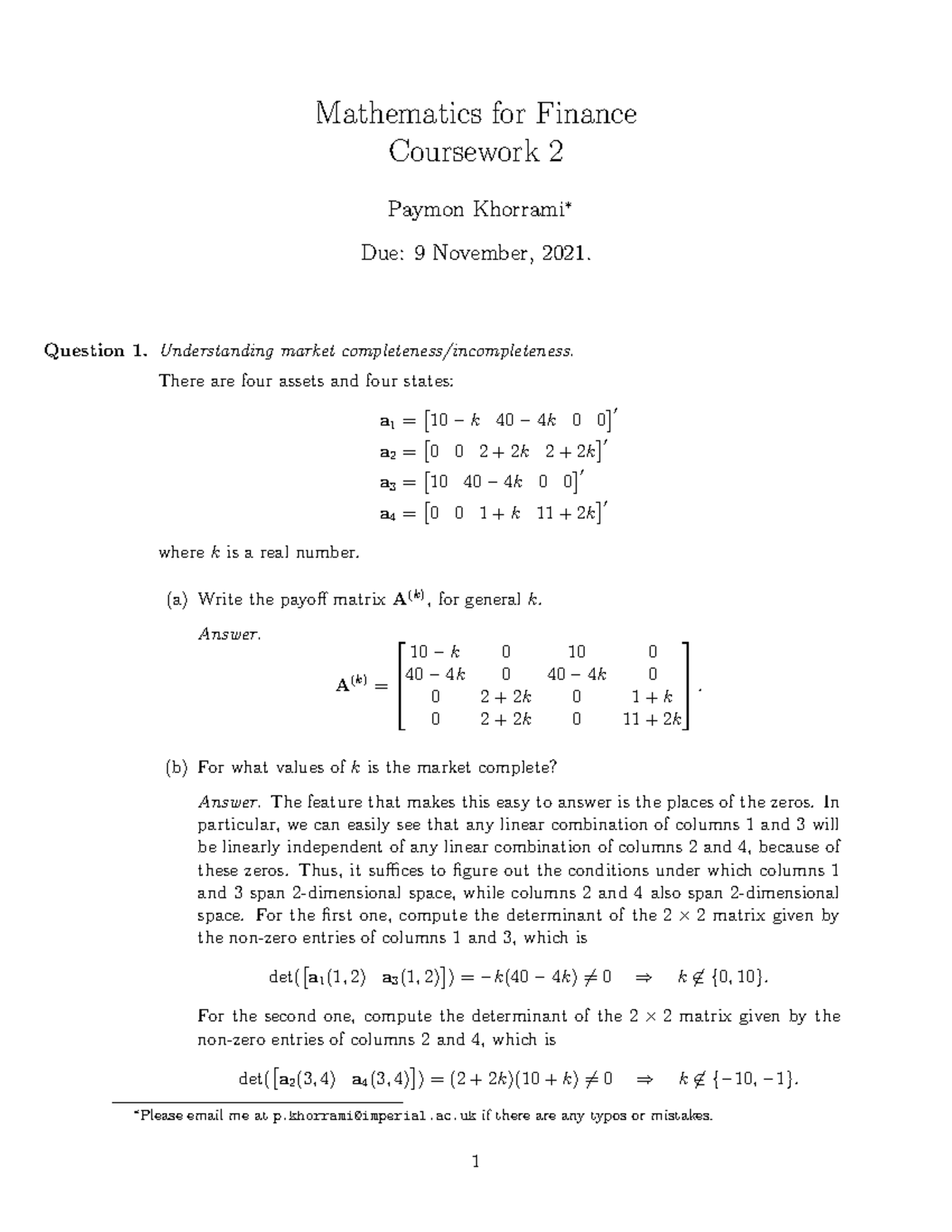 Hw2solutions - Practice work for maths for finance. - Mathematics for ...