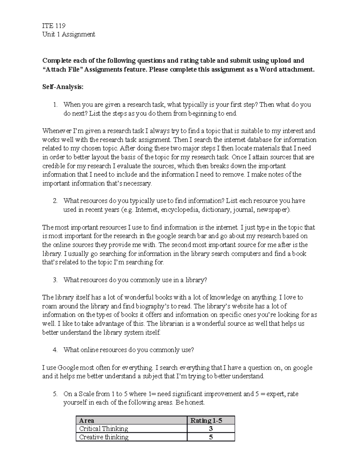 Unit 1 Assignment - Homework - ITE 119 Unit 1 Assignment Complete each of the following ...