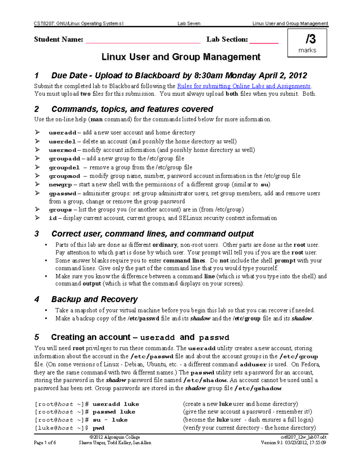 Cst8207 12w lab07 - Student Name: ______________________________ Lab Section: ______ Linux User ...