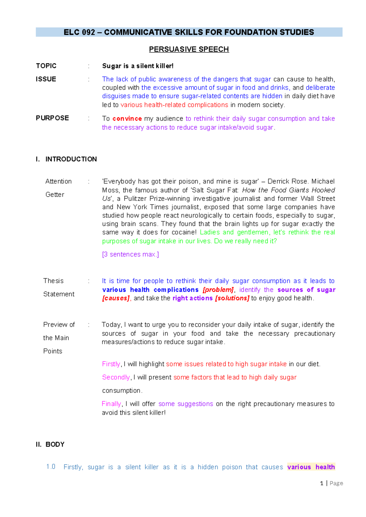 5a. Sample 1 PS Outline ( Activity 1 Sugar IS A Silent Killer) with ...