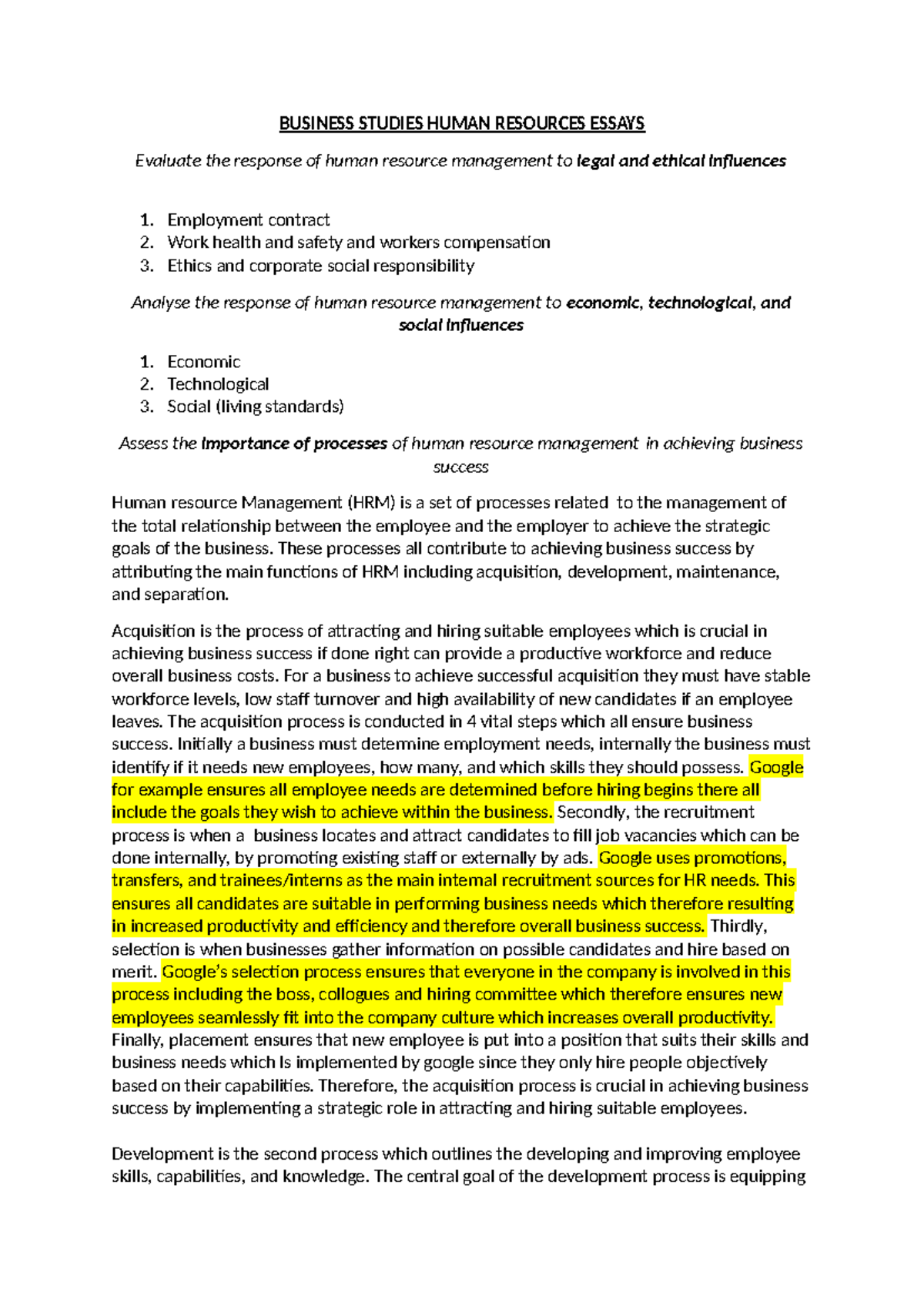 Business Studies Human Resources Essays - BUSINESS STUDIES HUMAN ...