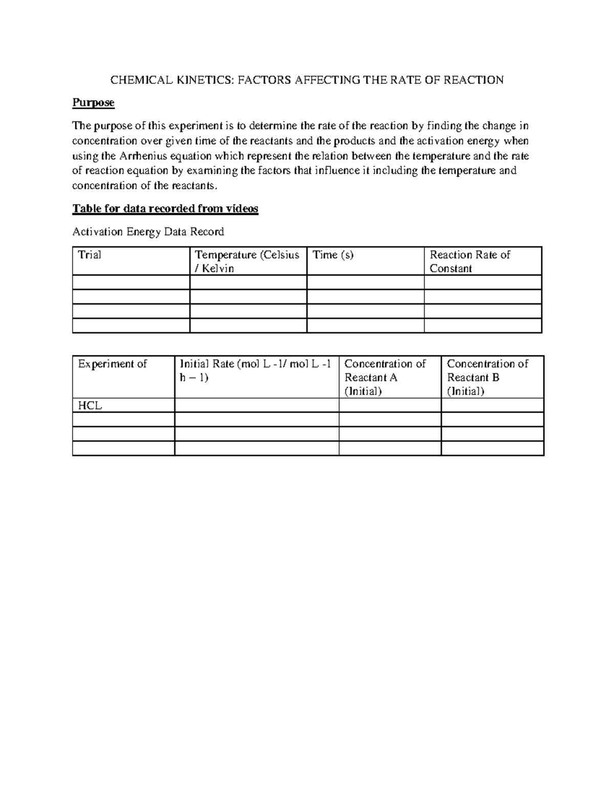 Kin-Pre Lab - kin prelab - CHEMICAL KINETICS: FACTORS AFFECTING THE ...