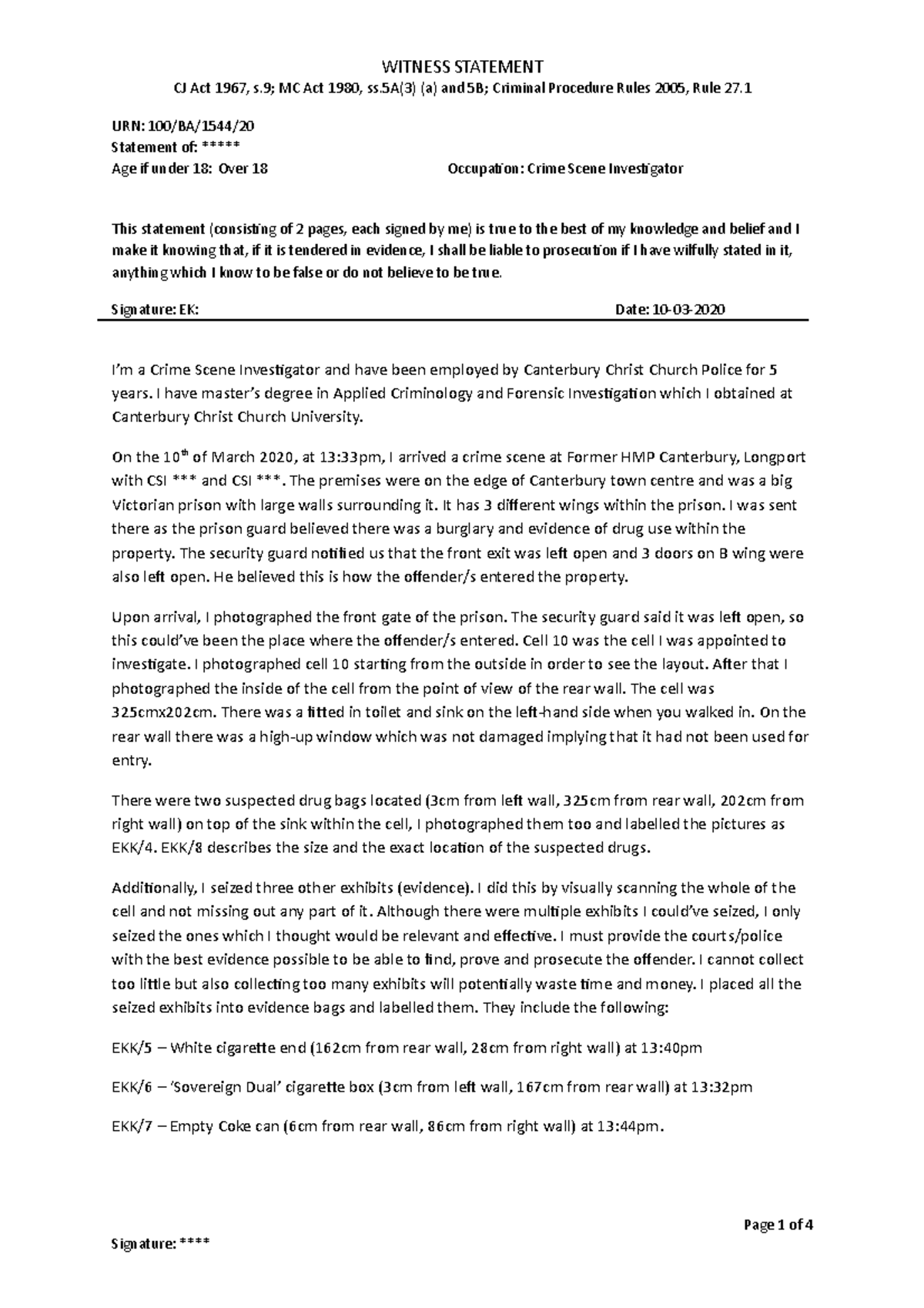 Crime Scene Investigation Statement - CJ Act 1967, s; MC Act 1980, ss(3 ...