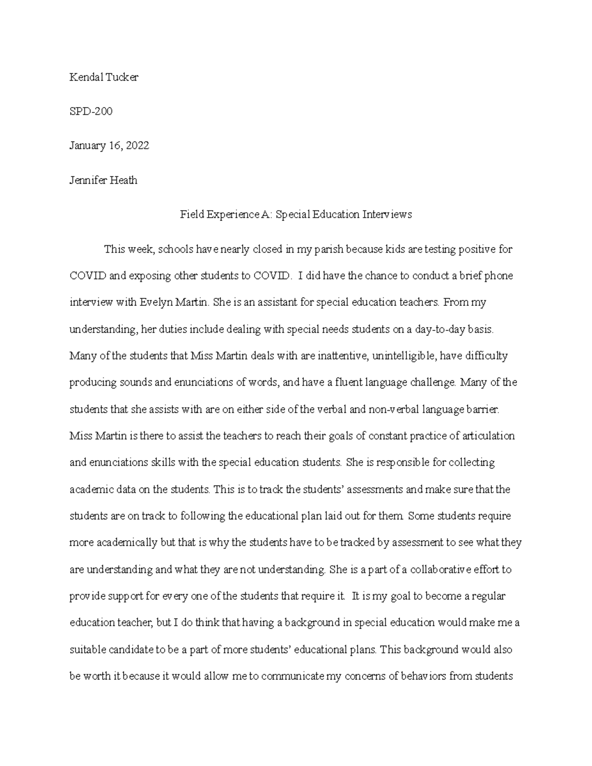 Special Education Interview - Kendal Tucker SPD- January 16, 2022 ...