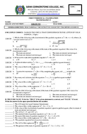 1st Periodical Exam Grade 9 - ST0ÑO CHILDREN EDUCATIONAL CENTER I.N ...