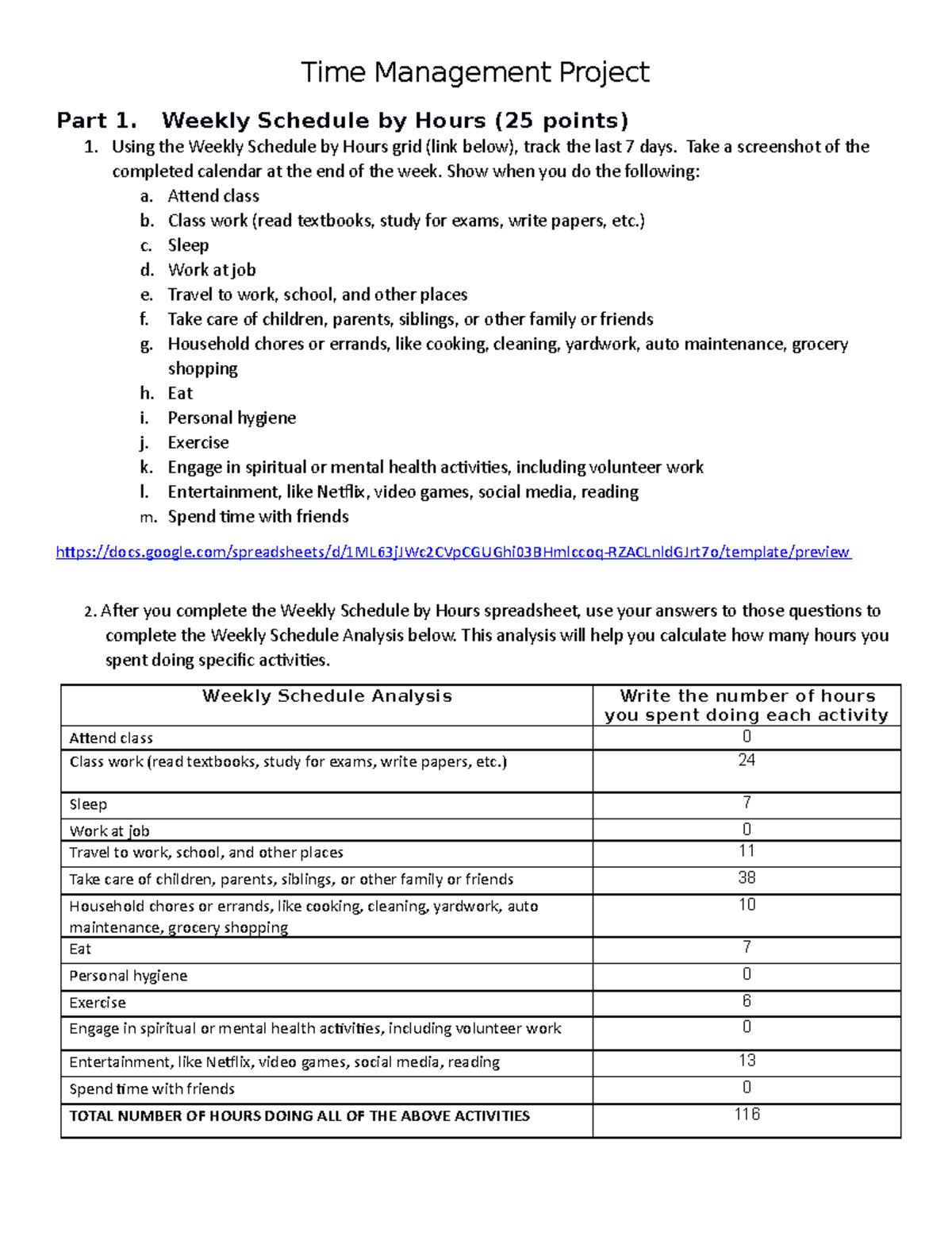 Time Management Project (name) - Time Management Project Part 1. Weekly ...