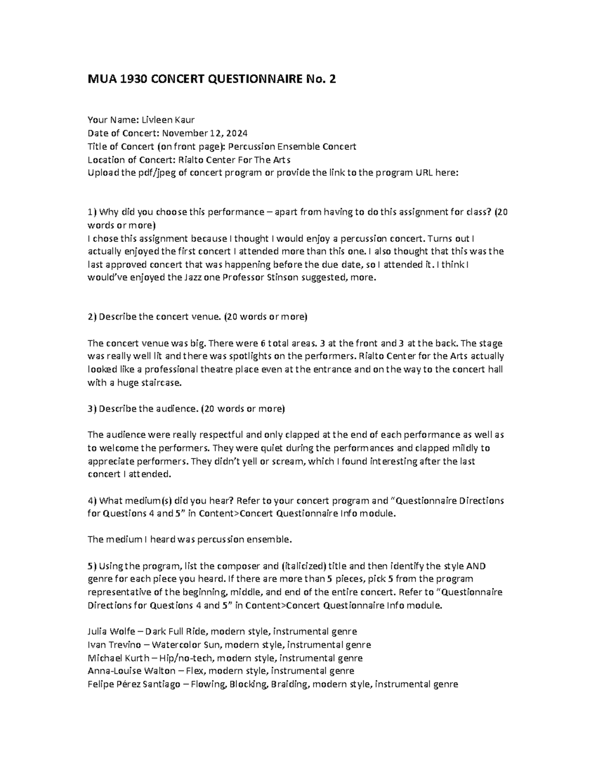 Concert Questionnaire Fall 2024 - MUA 1930 CONCERT QUESTIONNAIRE No. 2 ...