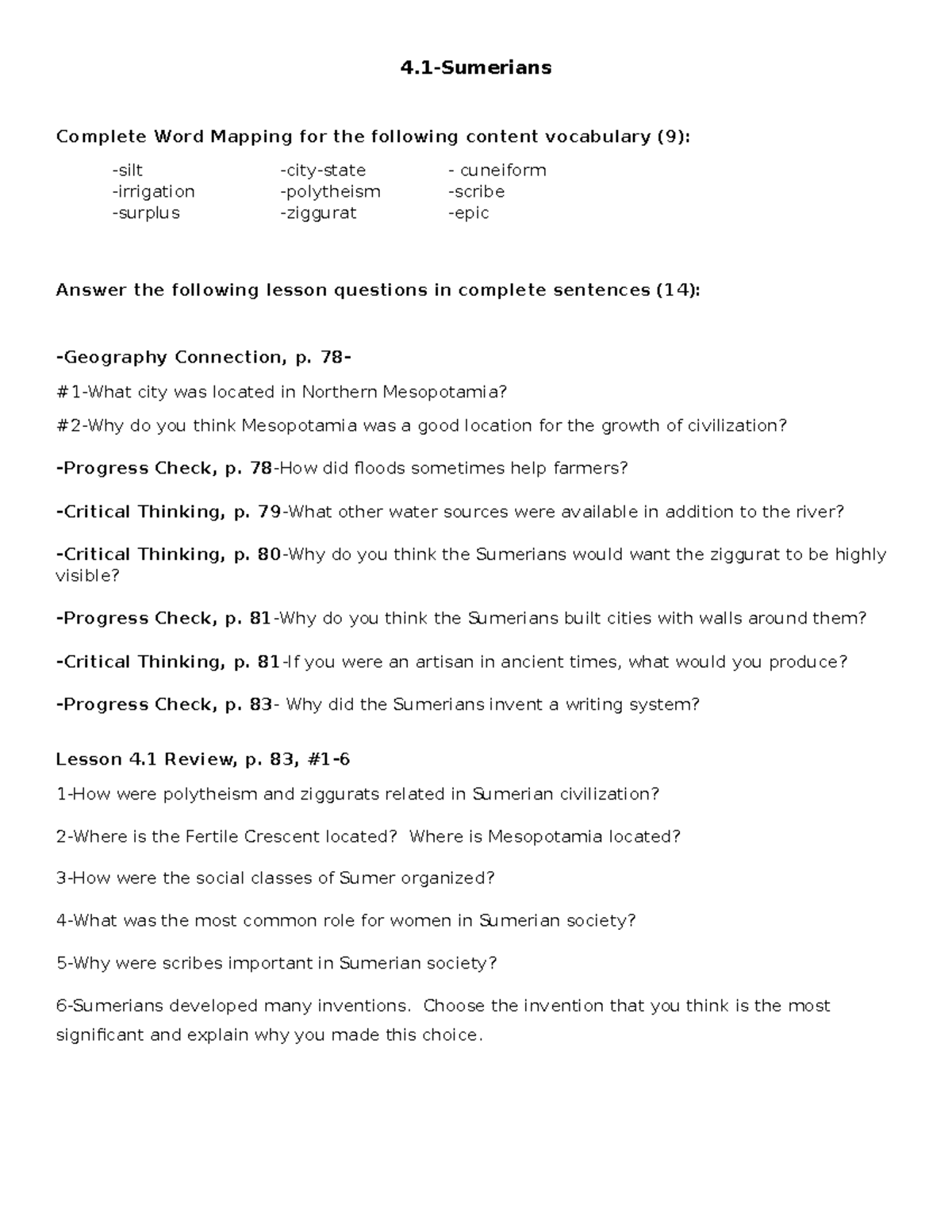 4.1 mesopotamia - 4-Sumerians Complete Word Mapping for the following ...