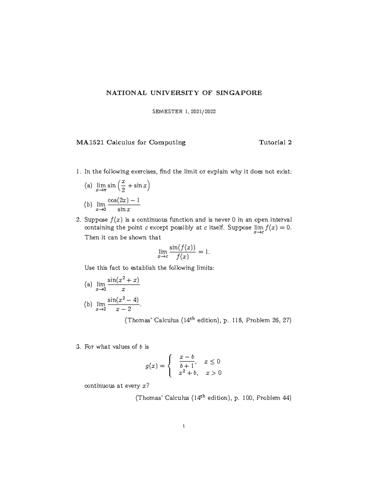 MA1521 Week 2 tutorial worksheet (limits) - NATIONAL UNIVERSITY OF ...