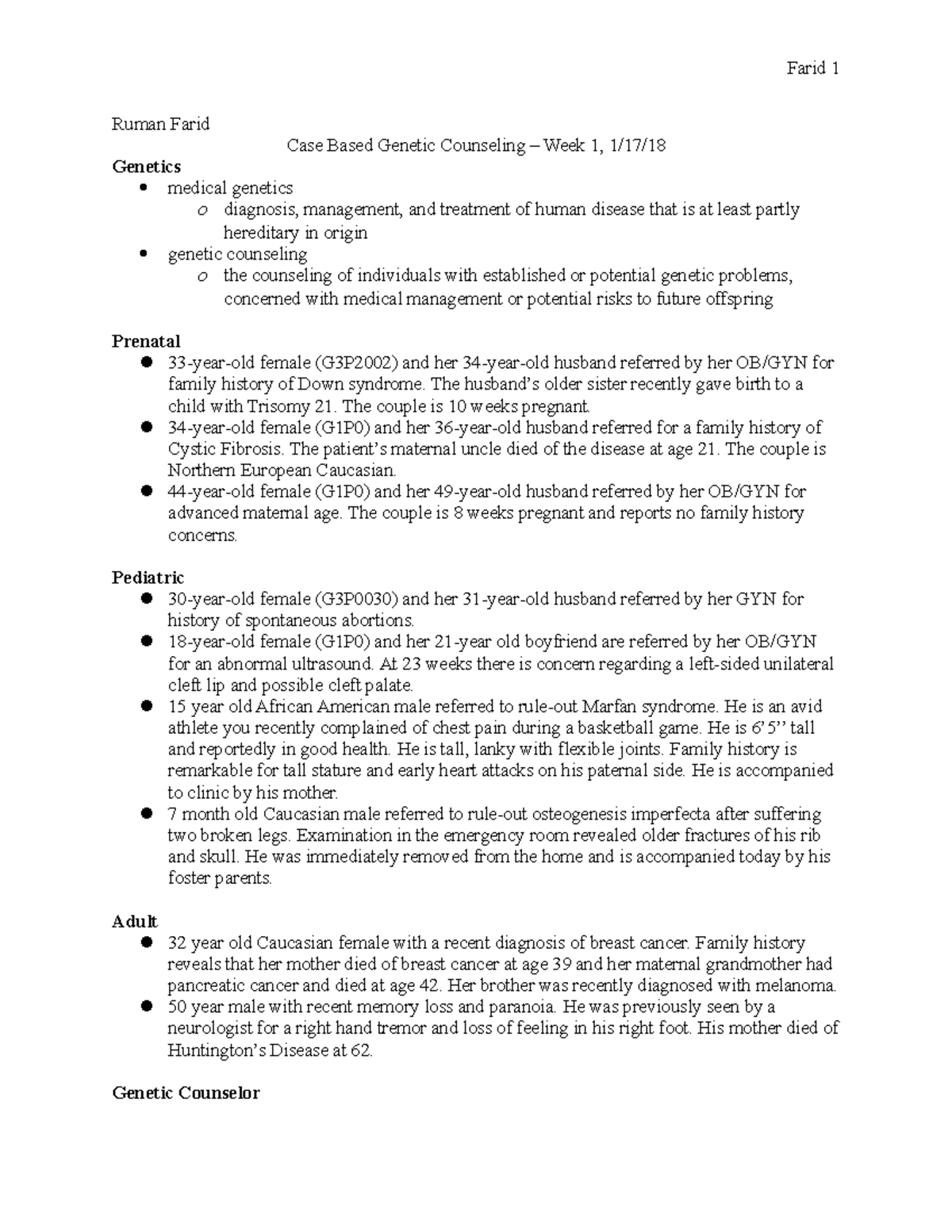 Week 1 - Lecture notes 1 - Ruman Farid Case Based Genetic Counseling ...