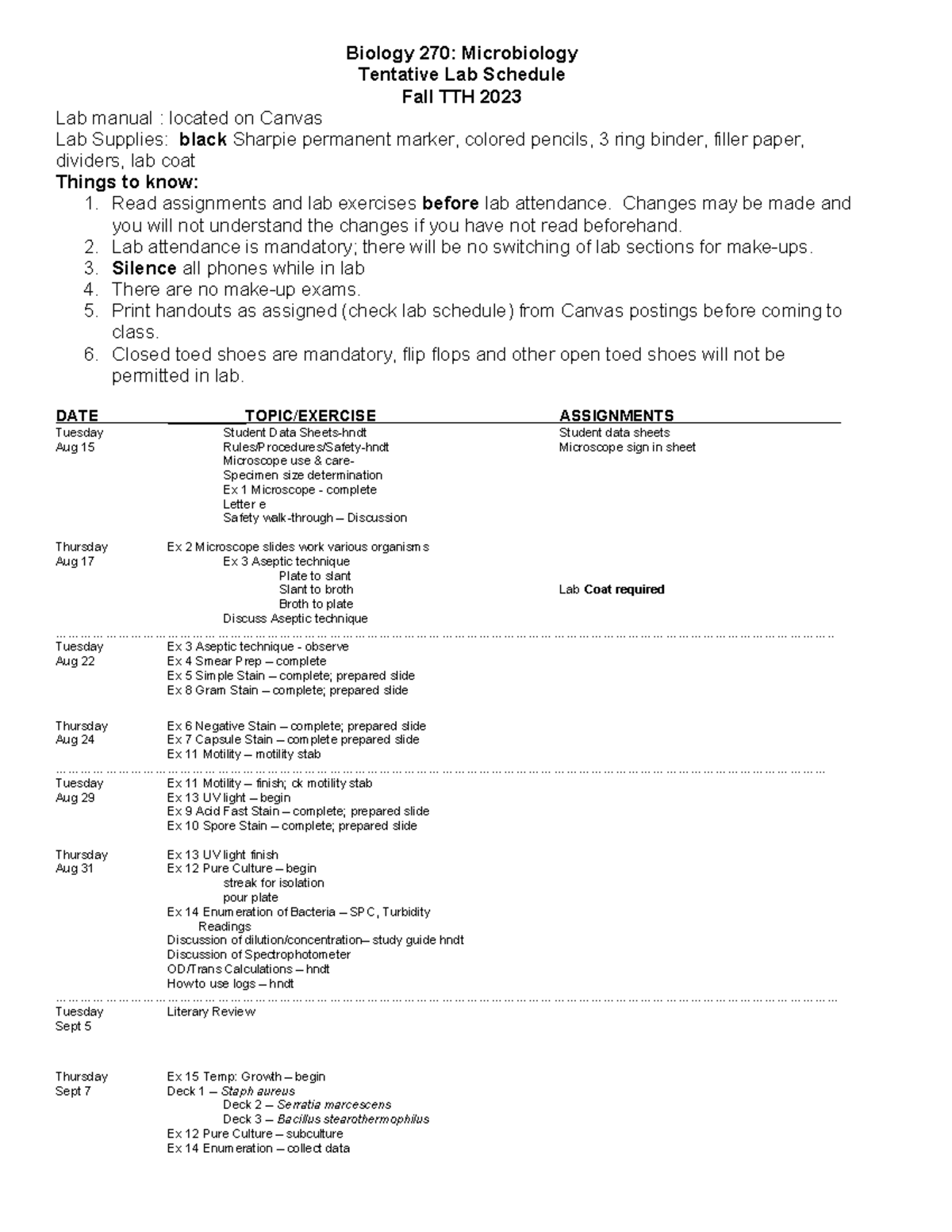 Fall 23 Syllabus - Biology 270: Microbiology Tentative Lab Schedule ...