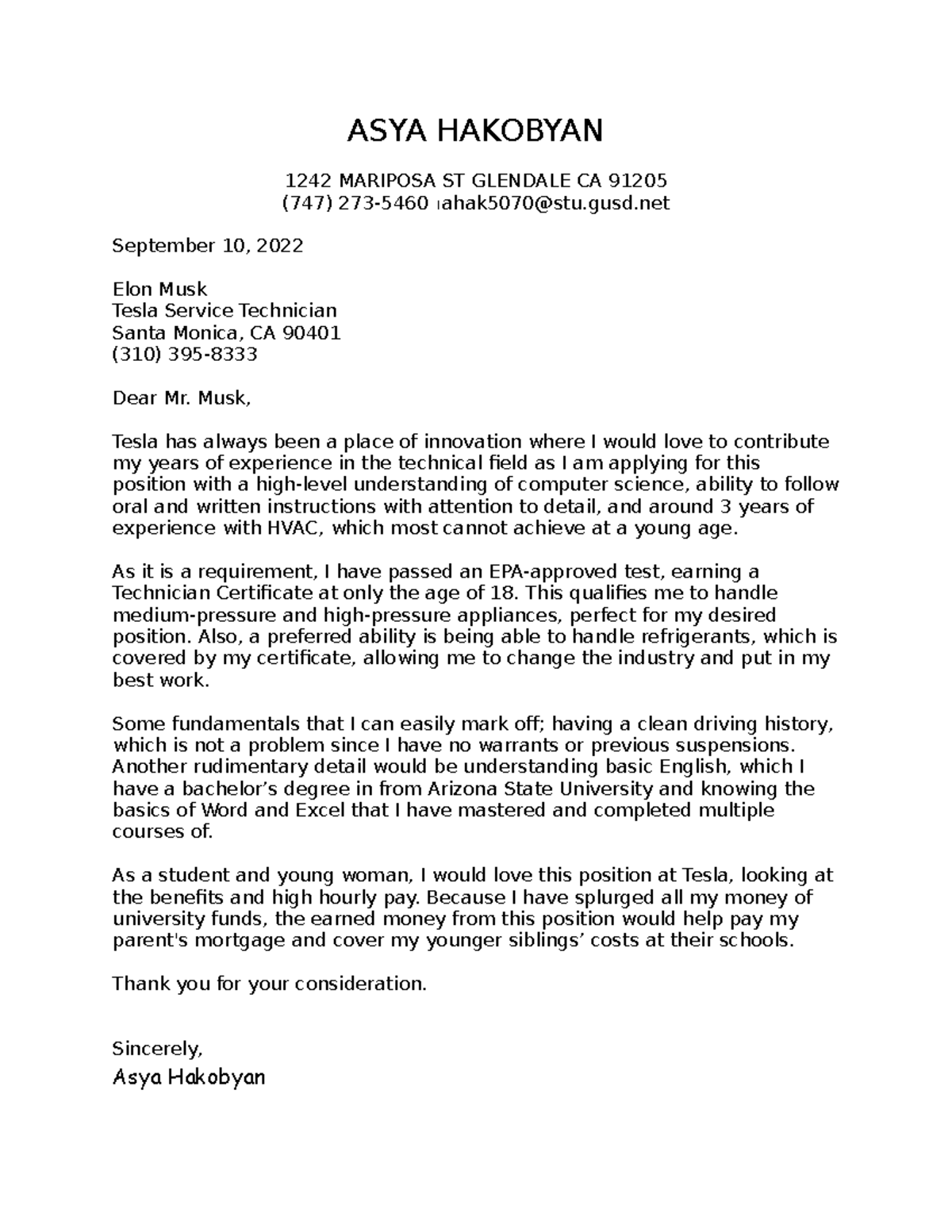 Cover letter - ASYA HAKOBYAN 1242 MARIPOSA ST GLENDALE CA 91205 (747 ...