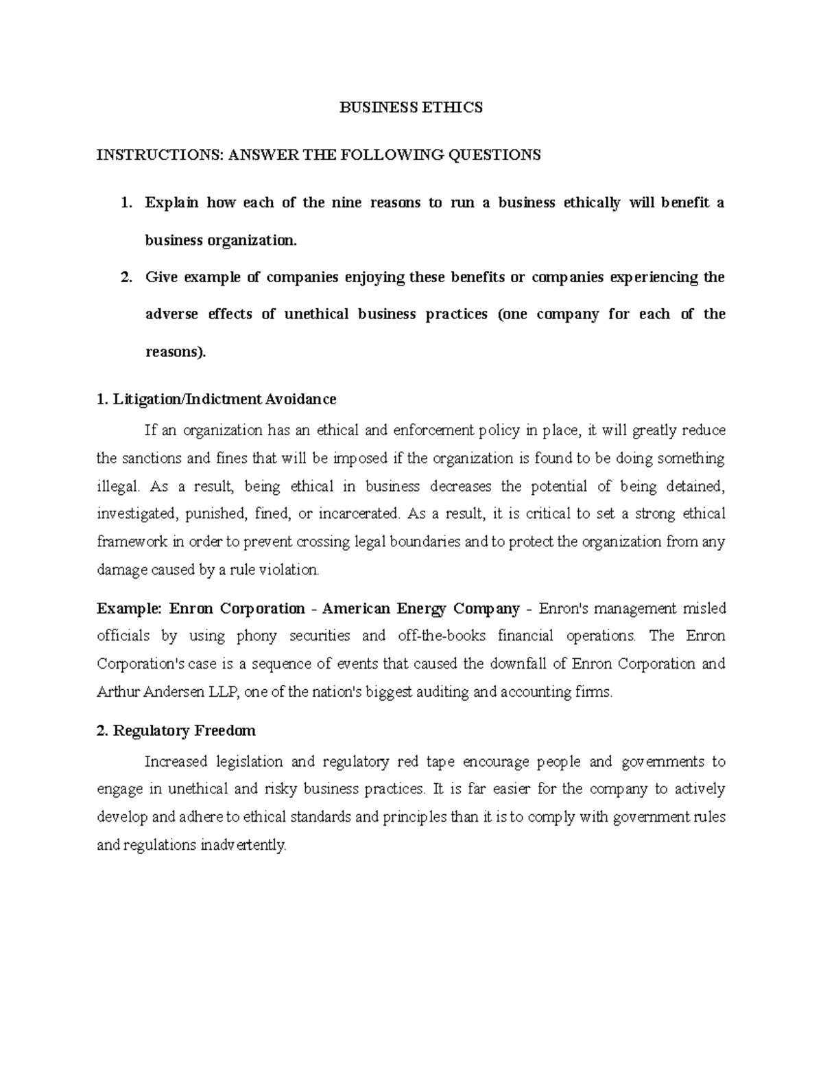 Essay - [ Business Ethics] - BUSINESS ETHICS INSTRUCTIONS: ANSWER THE ...
