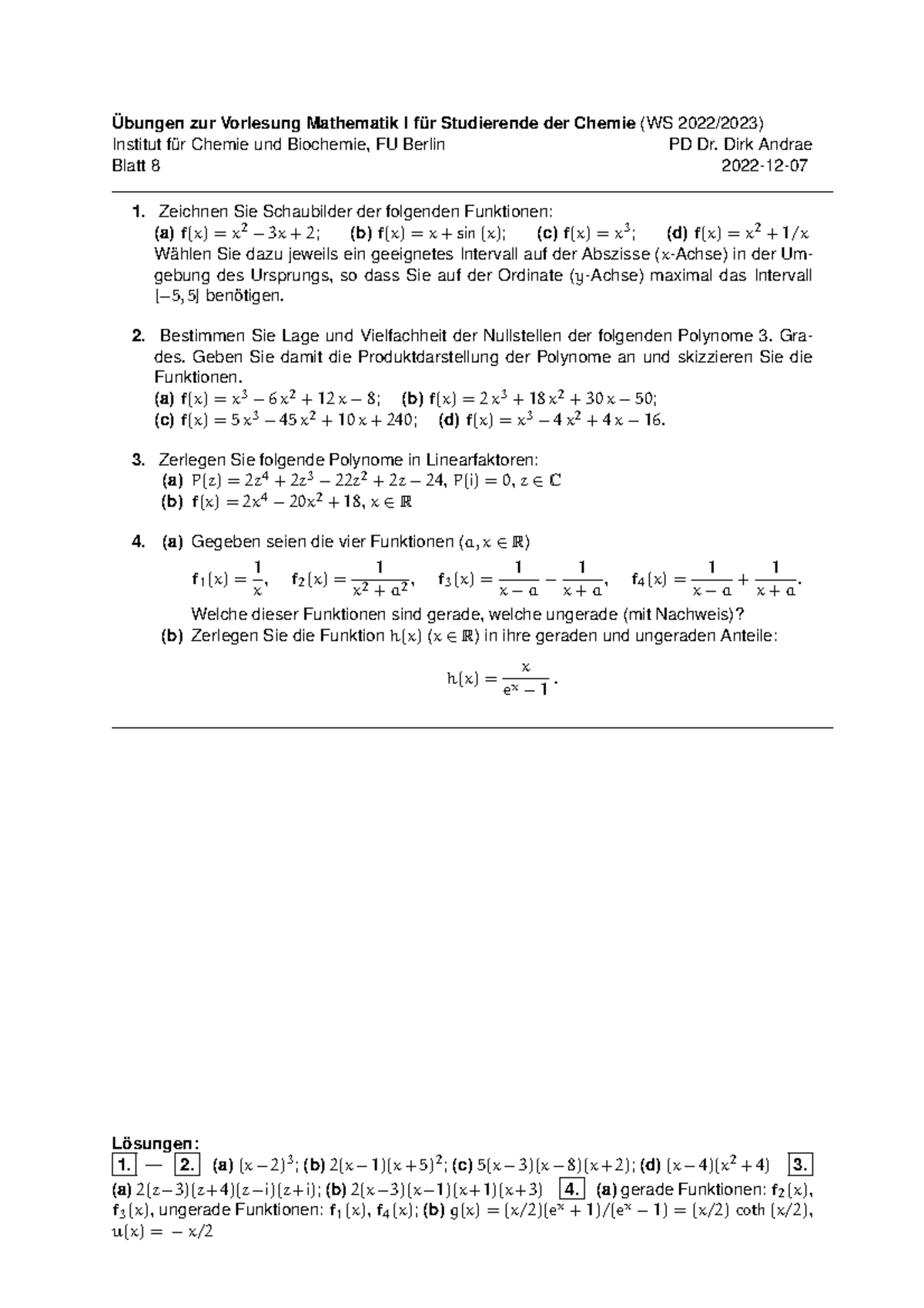 Übung 8 Mathematik - Übungen zur Vorlesung Mathematik I für Studierende ...