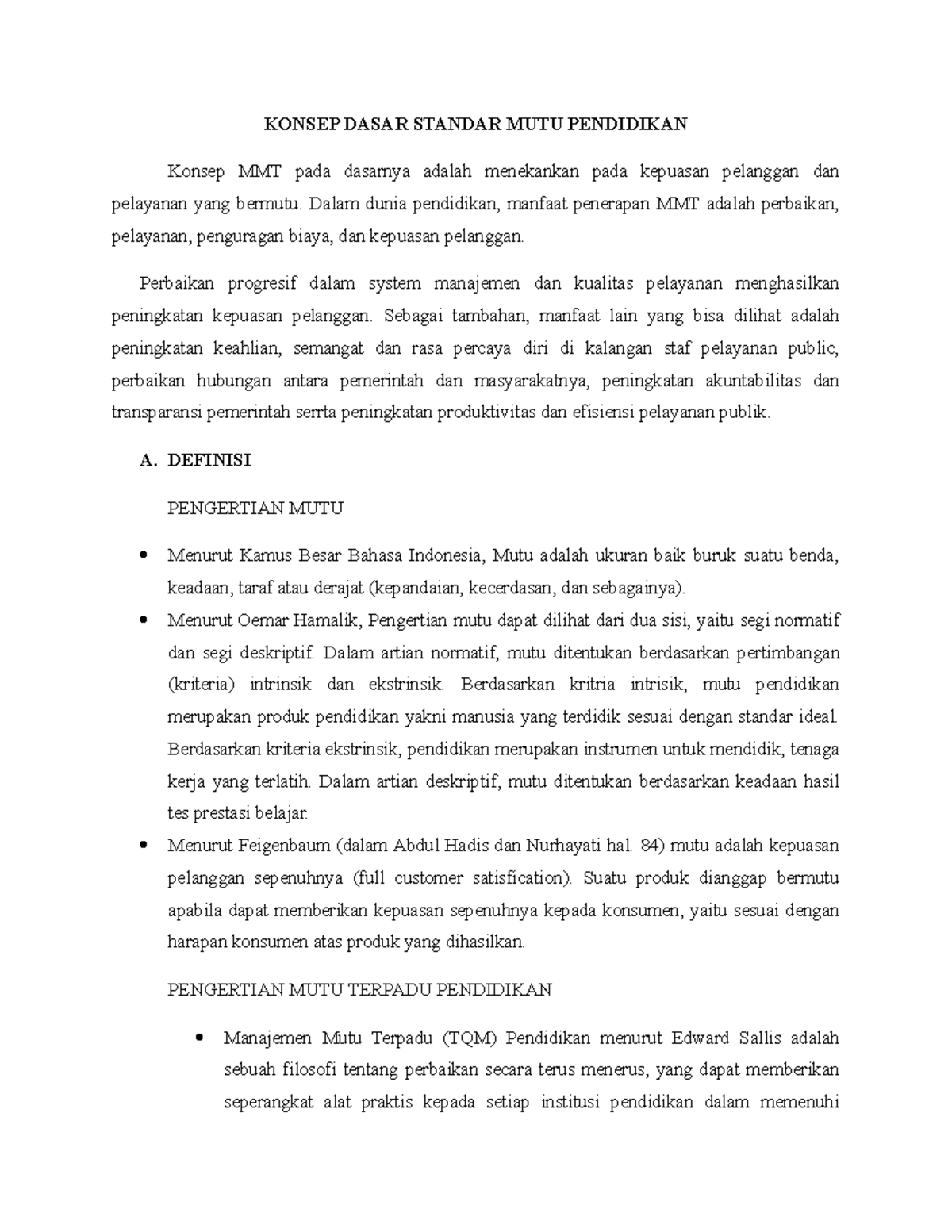Konsep Dasar Standar MUTU Pendidikan - KONSEP DASAR STANDAR MUTU PENDIDIKAN Konsep MMT pada ...