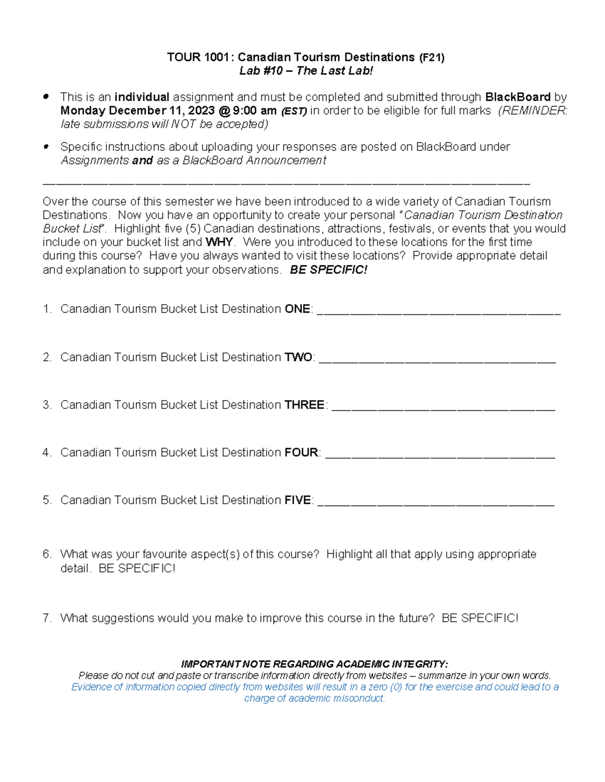 Lab 10 - The Last Lab (F21) - TOUR 1001: Canadian Tourism Destinations ...