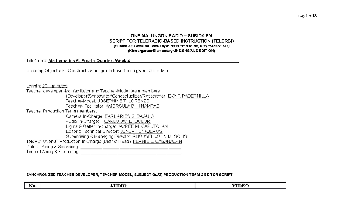 OMR Tele RBI Script math 6 week 4 - SCRIPT FOR TELERADIO-BASED ...