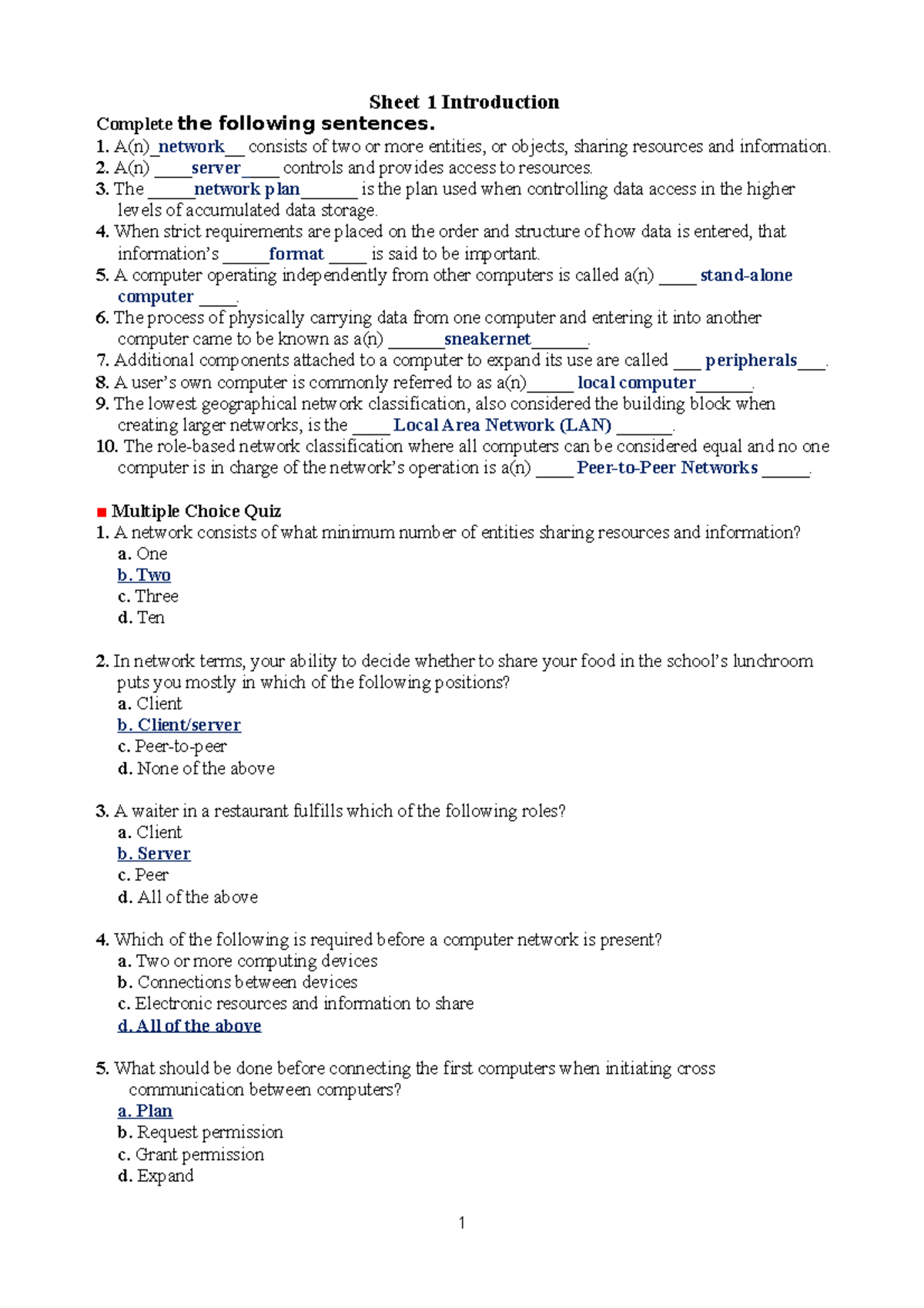Sheet 1 Network - Sheet 1 Introduction Complete the following sentences ...