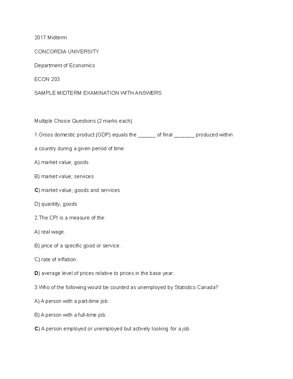 Sample econ 203 Midterm - 2017 Midterm CONCORDIA UNIVERSITY Department ... Sample econ 203 Midterm - 2017 Midterm CONCORDIA UNIVERSITY Department ...
