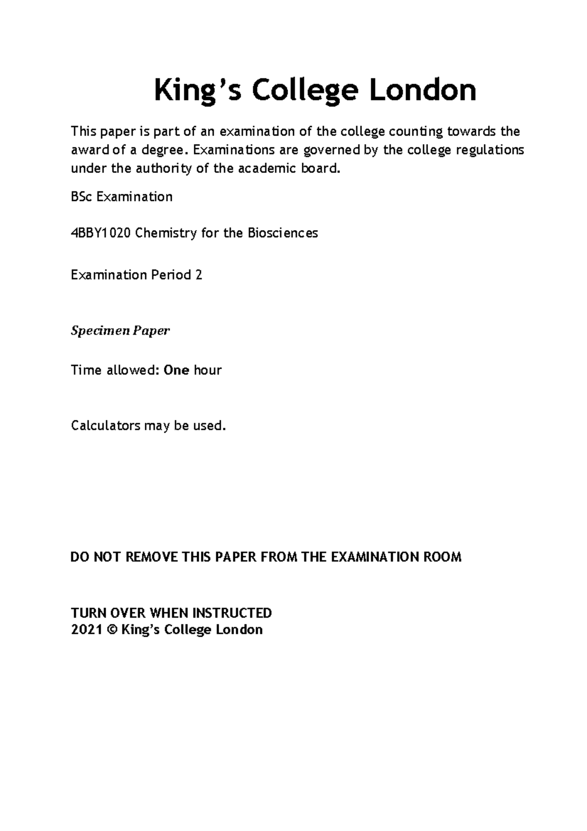 4BBY1020 Specimen Paper 2021 revised - King’s College London This paper ...