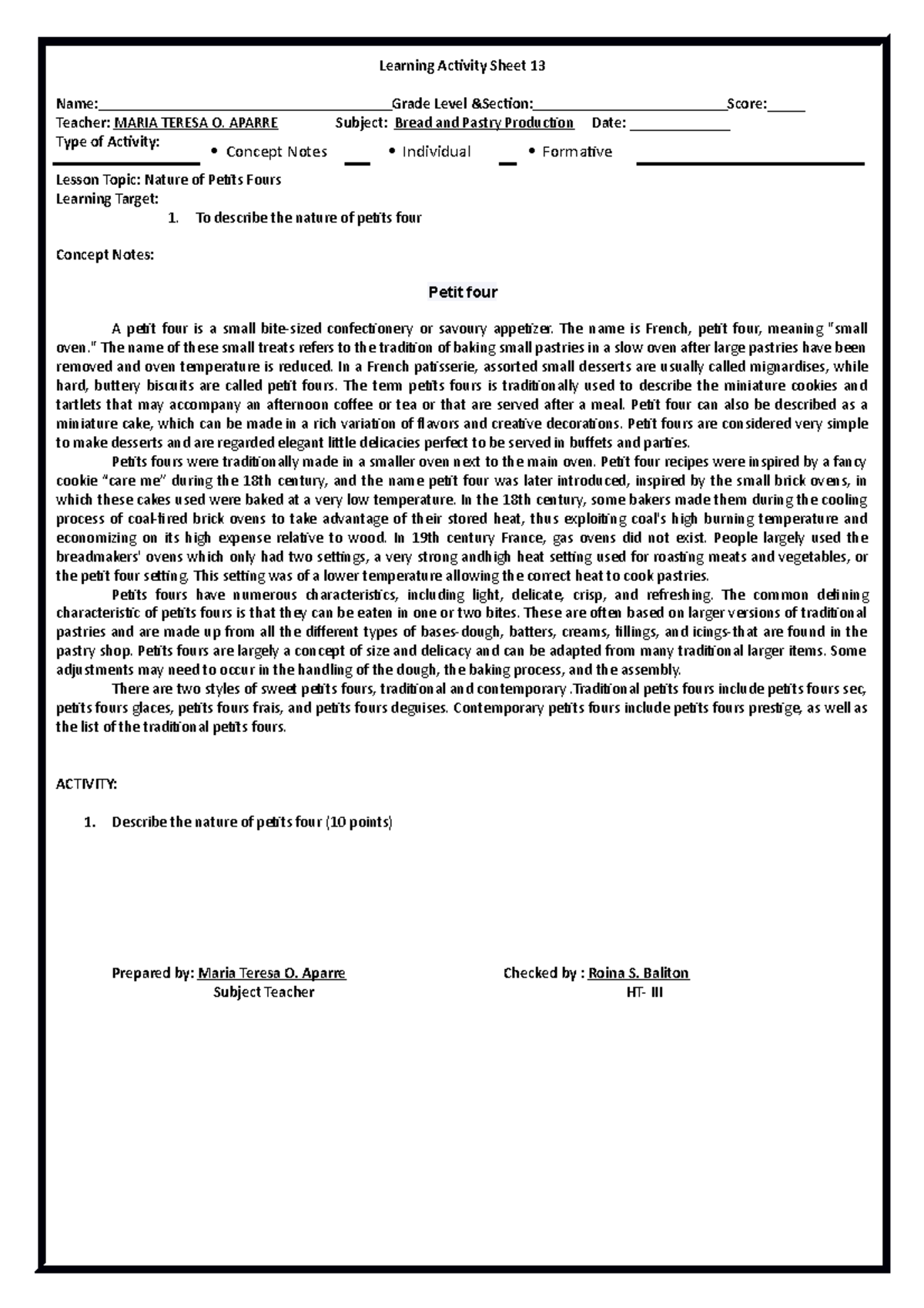 LAS 13-16 - thesis - Learning Activity Sheet 13 Name: Grade Level ...