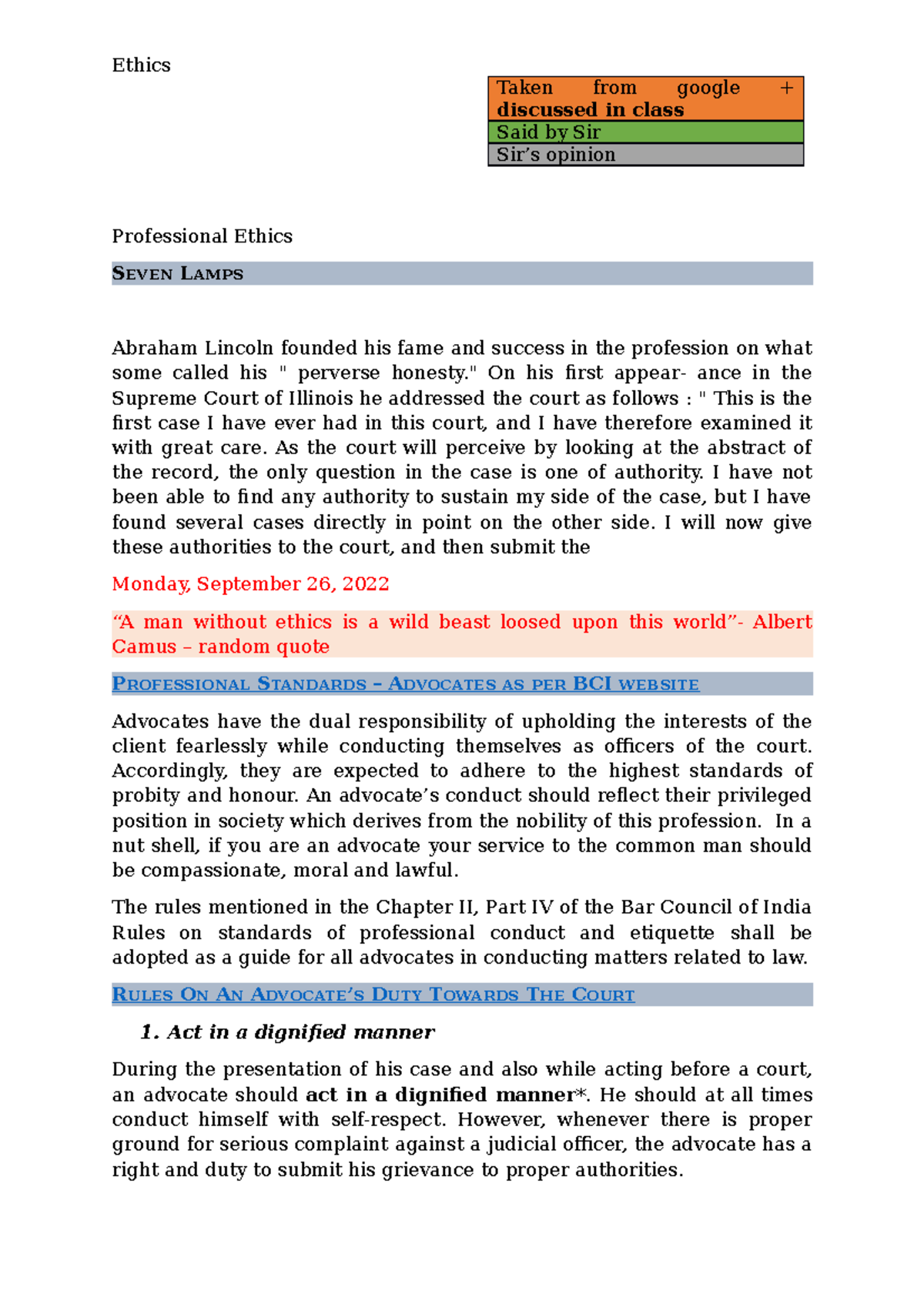 Ethics Notes - Taken from google + discussed in class Said by Sir Sir’s ...