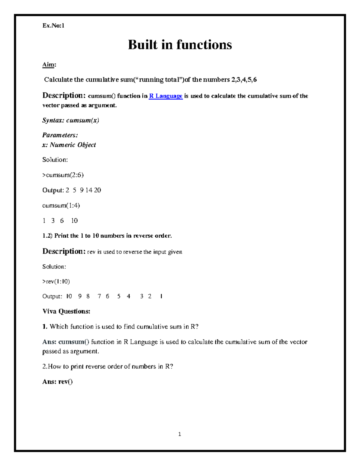 R Programming LAB Manual - Aim: Calculate the cumulative sum(“running ...