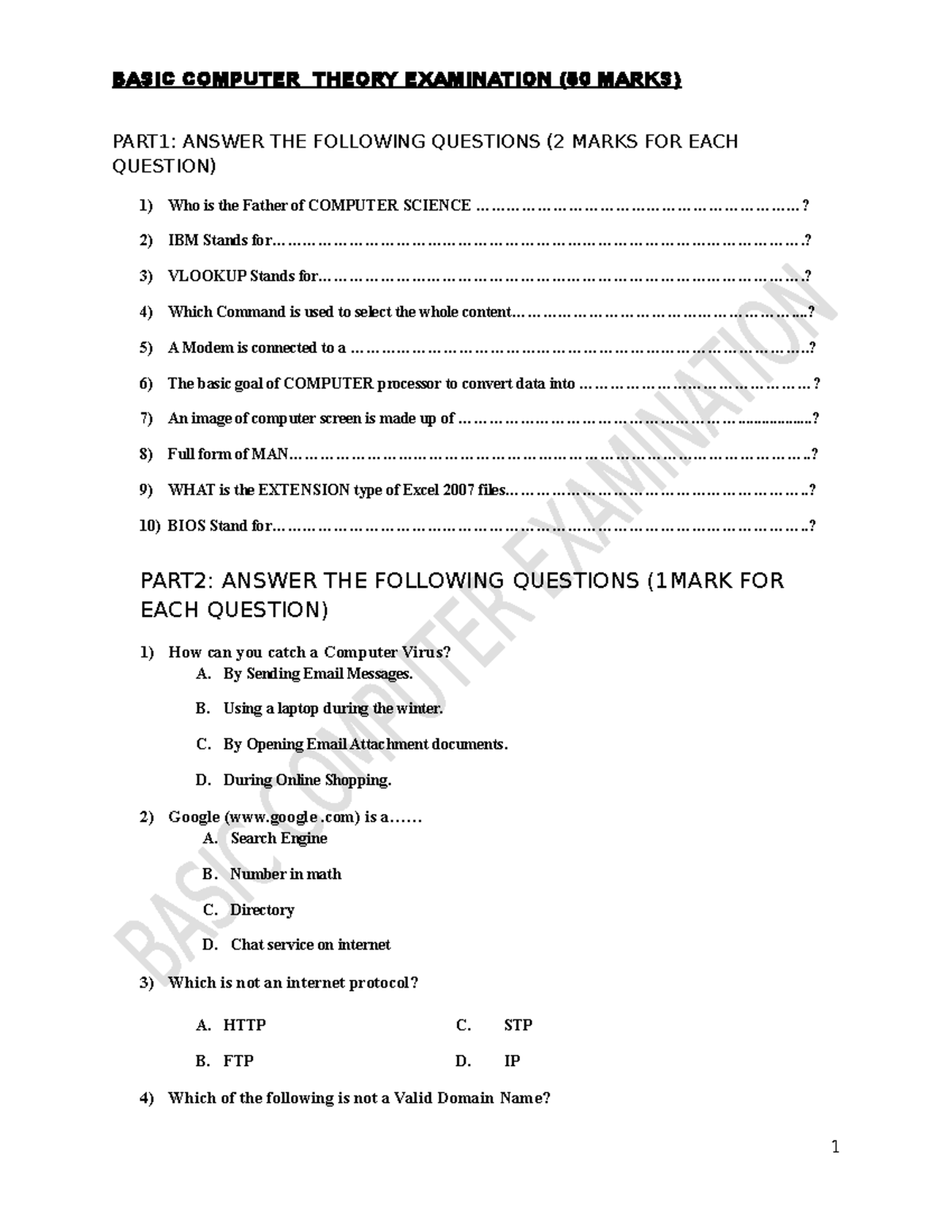Final examination - PART1: ANSWER THE FOLLOWING QUESTIONS (2 MARKS FOR ...