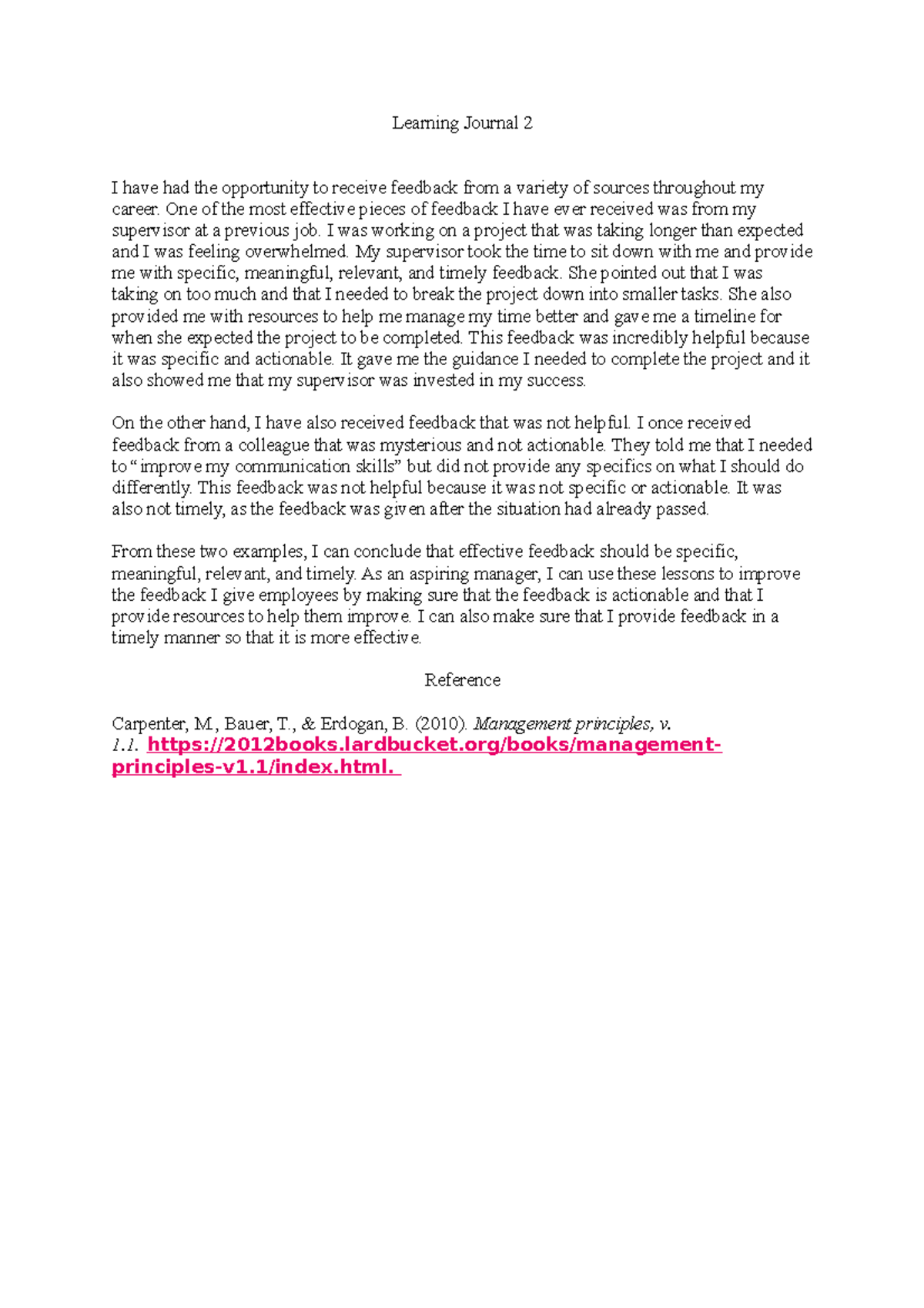 Learning journal 2 business management - Learning Journal 2 I have had ...