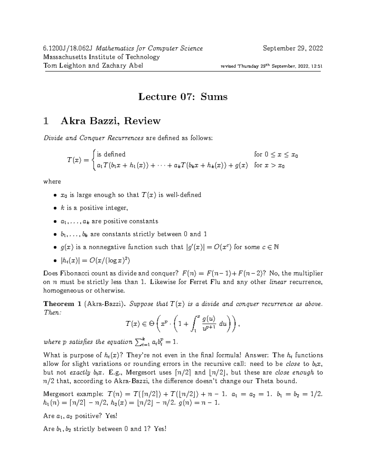 Lecture Notes 07 Sums 61200j18 Mathematics For Computer Science