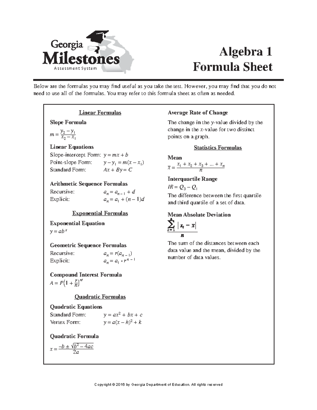 Algebra I Formula Sheet Algebra 1 Assessment System Formula Sheet