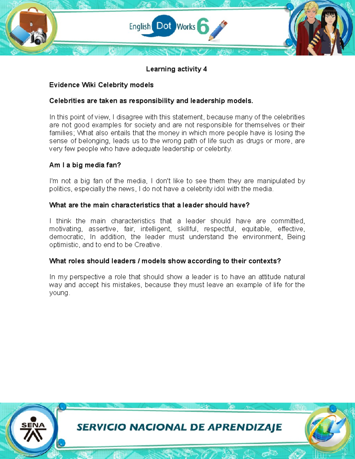 Evidence Wiki Celebrity models EDW 6 - Learning activity 4 Evidence ...