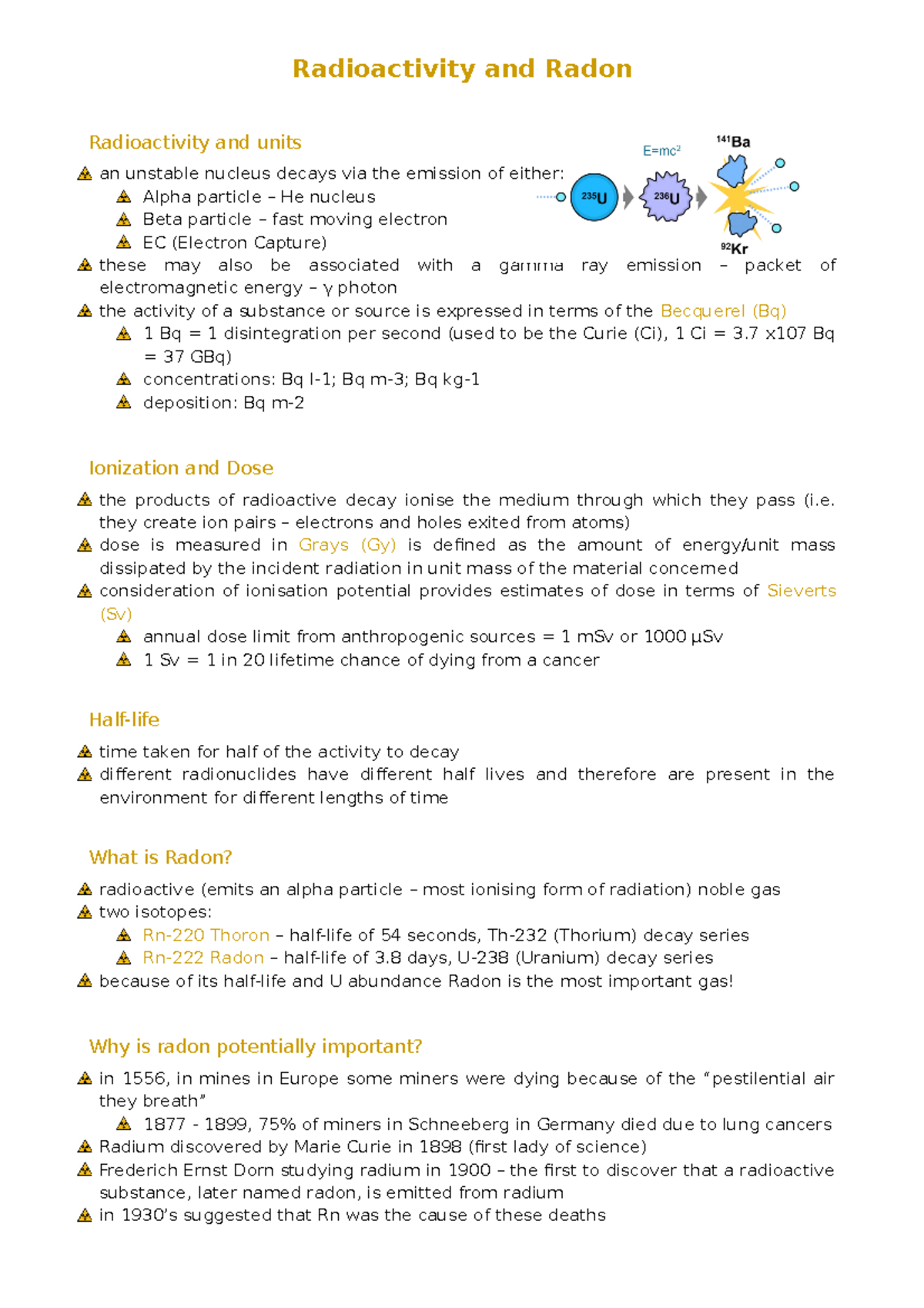 Lecture Notes - Radiation hazard - Radioactivity and Radon ...