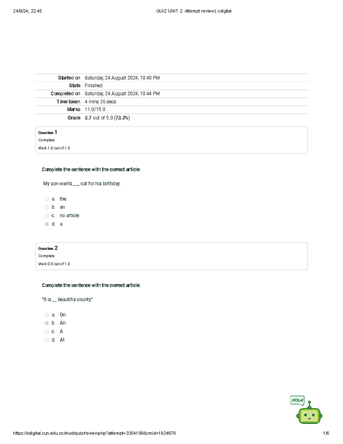 QUIZ UNIT 2 Attempt review cdigital - Started on Saturday, 24 August ...
